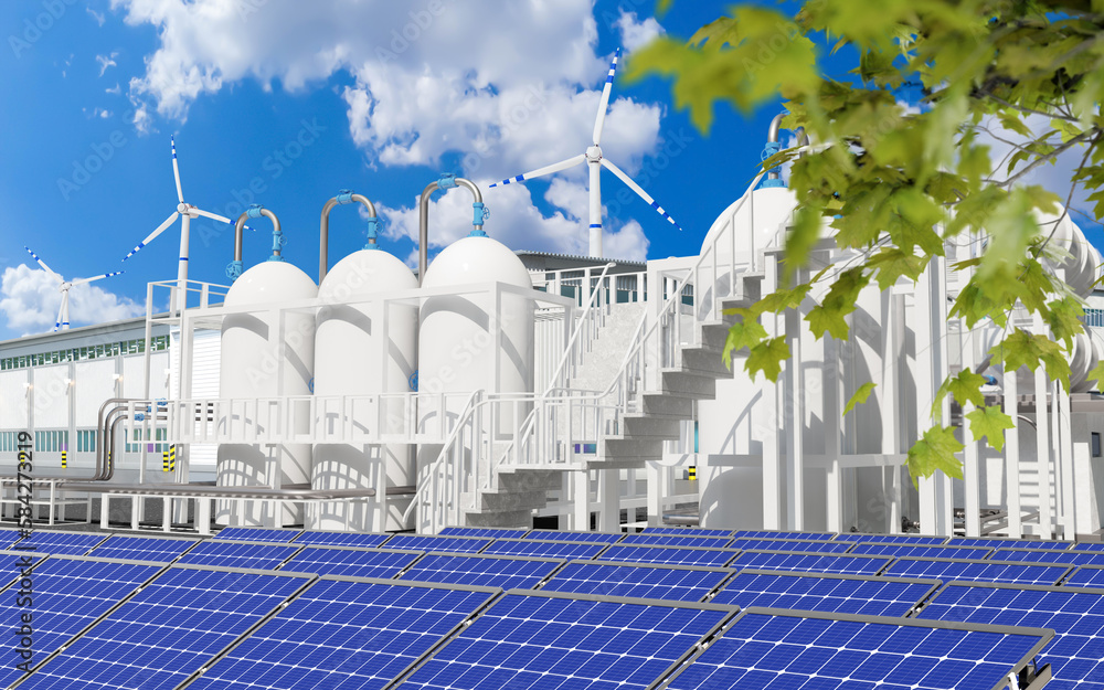 Factory with solar panels. Windmills near reservoirs. Power station in ...