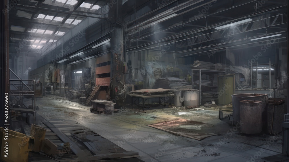 creepy interior of an abandoned warehouse background, concept art ...