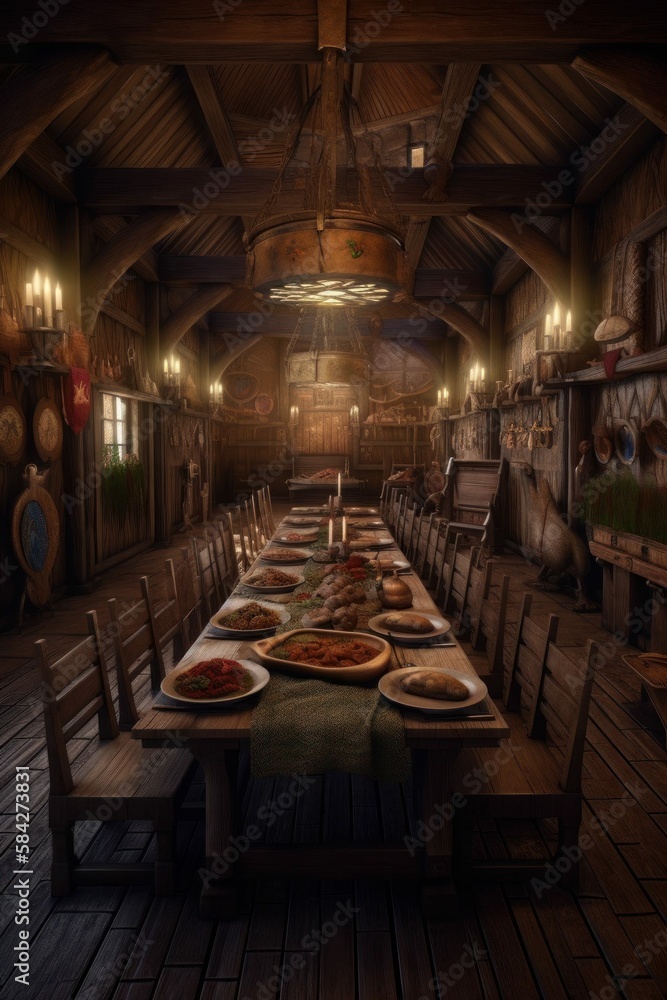 Banqueting Hall Set with a Feast inside a Castle for Medieval Fantasy ...