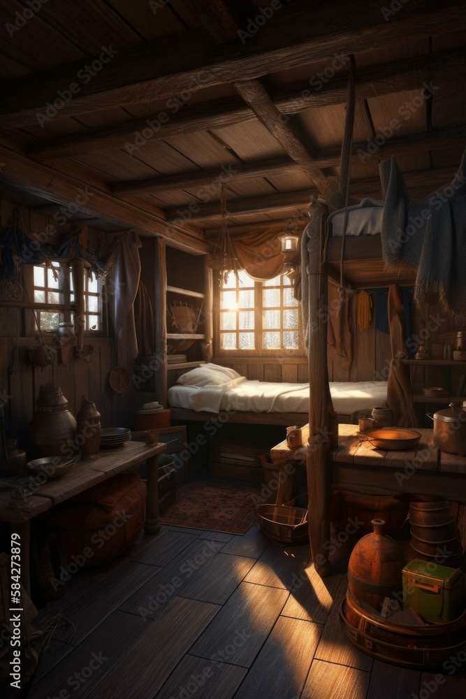 Sleeping Quarters in Cabin, Inn or Home with Bed and Bunk, Room ...