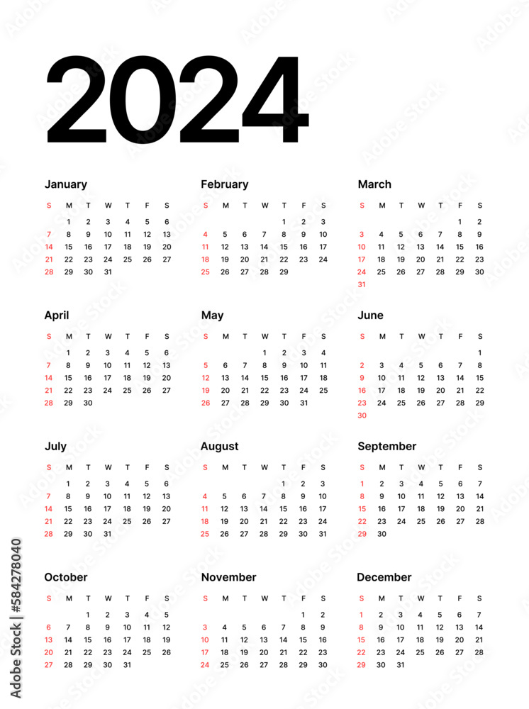 Annual calendar template for 2024 year. Week Starts on Sunday. Business ...
