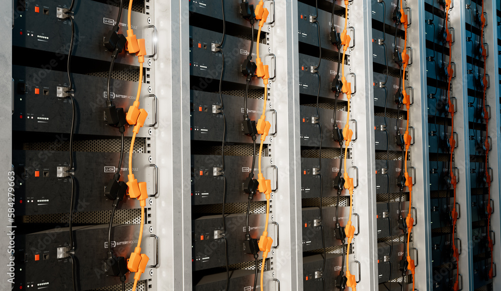 Image of a battery energy storage system consisting of several lithium battery modules placed ...