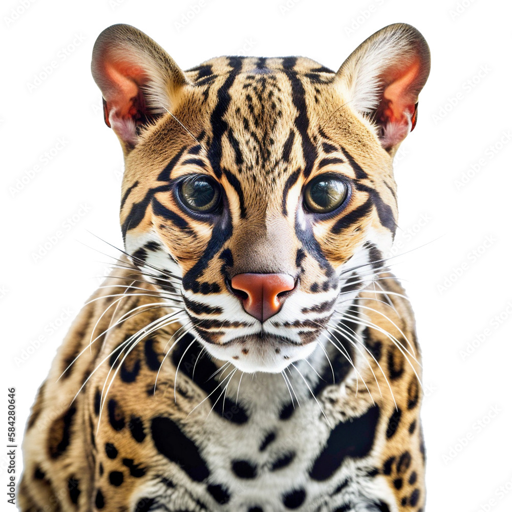 Isolated ocelot (Leopardus pardalis) posing in a front view close-up ...