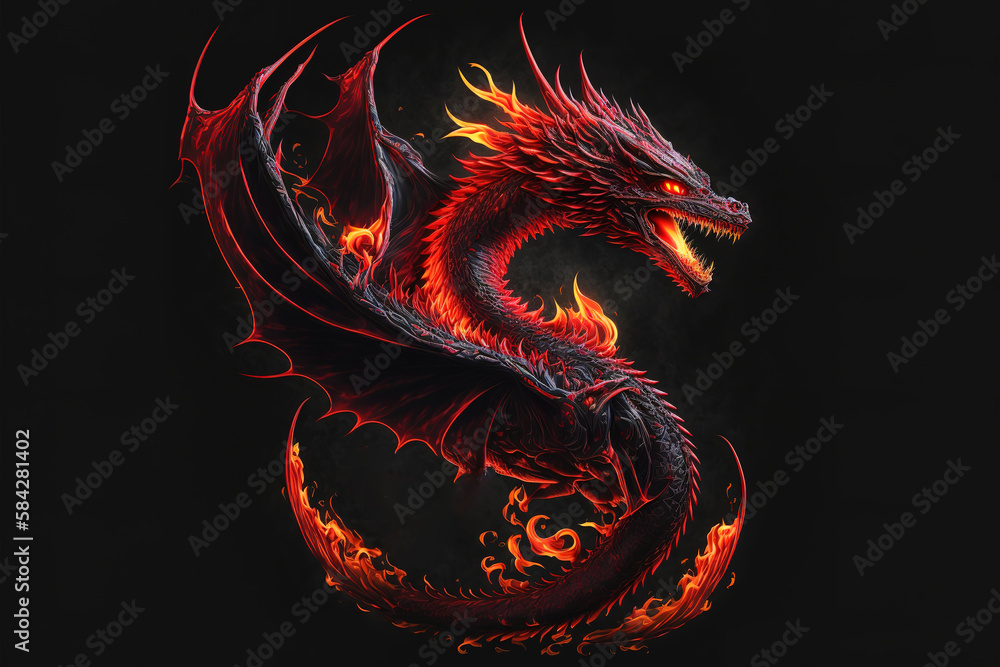 Full length angry red dragon with big wings and fire on black ...