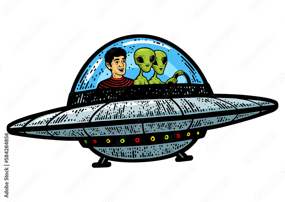 man with aliens in UFO color sketch PNG illustration with transparent ...