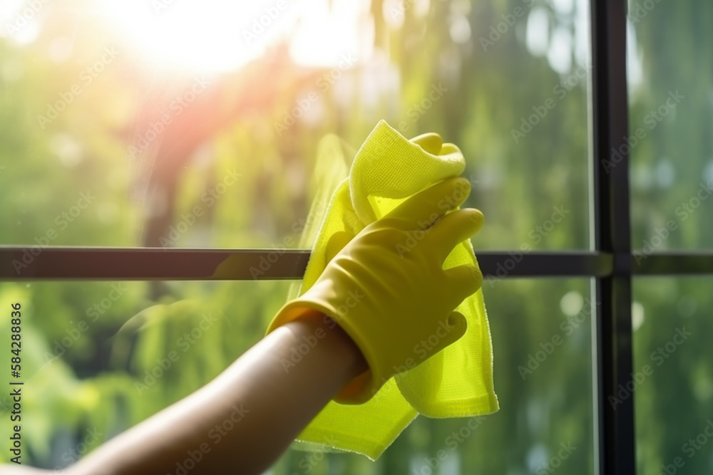 Hands in rubber gloves cleaning the window pane with detergent concept ...