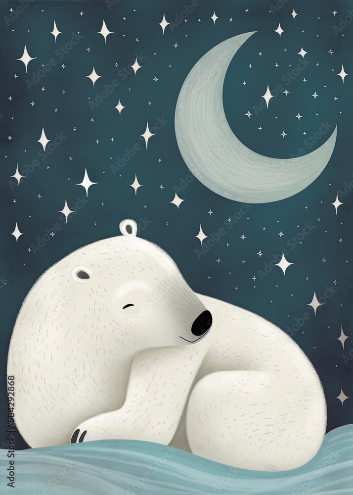 Cute Ice Bear sleeping under the Moon and Stars. Childrens & Nursery ...