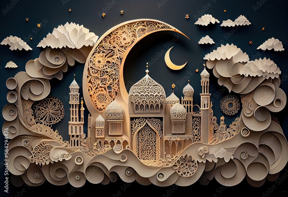 Paper quilling islamic mosque tower Ramadan kareem dark gold background ...