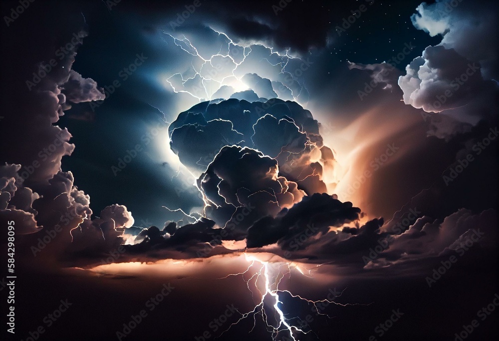Thunderous dark sky with black clouds and flashing lightning. Panoramic view. Concept on the ...