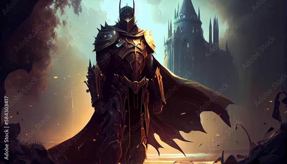 Dark fantasy knight in shining armor, cape, sword, castle, sunrise ...