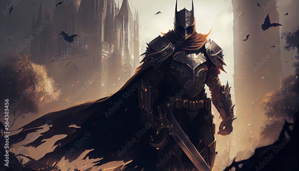 Dark fantasy knight in shining armor, cape, sword, castle, sunrise ...