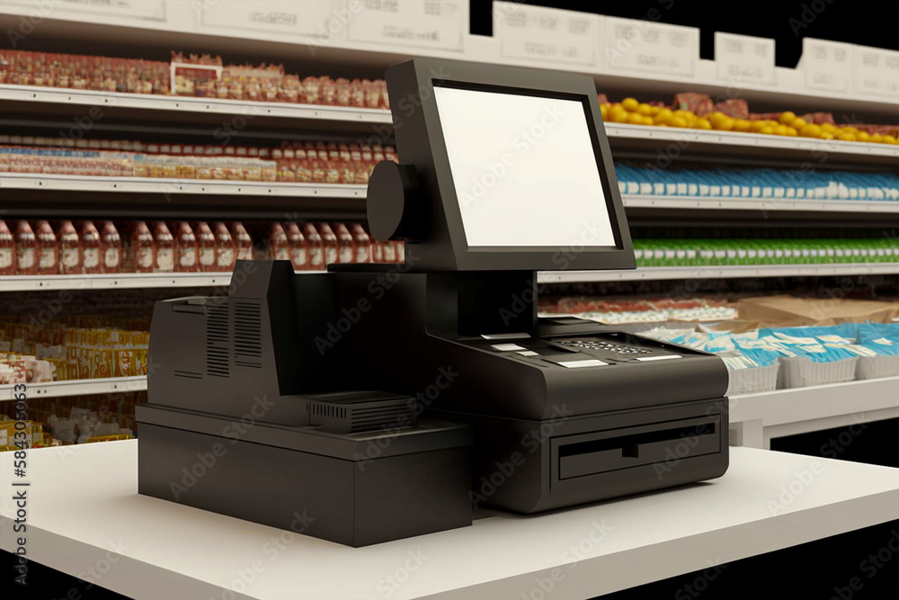 3D Black cash register with blank computer monitor screen, barcode ...