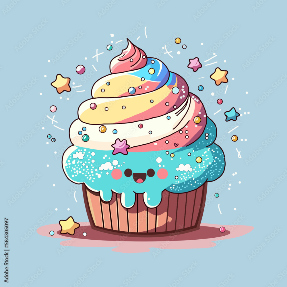 Vetor de Pattern with cute muffin with smiling face, colorful cupcake ...