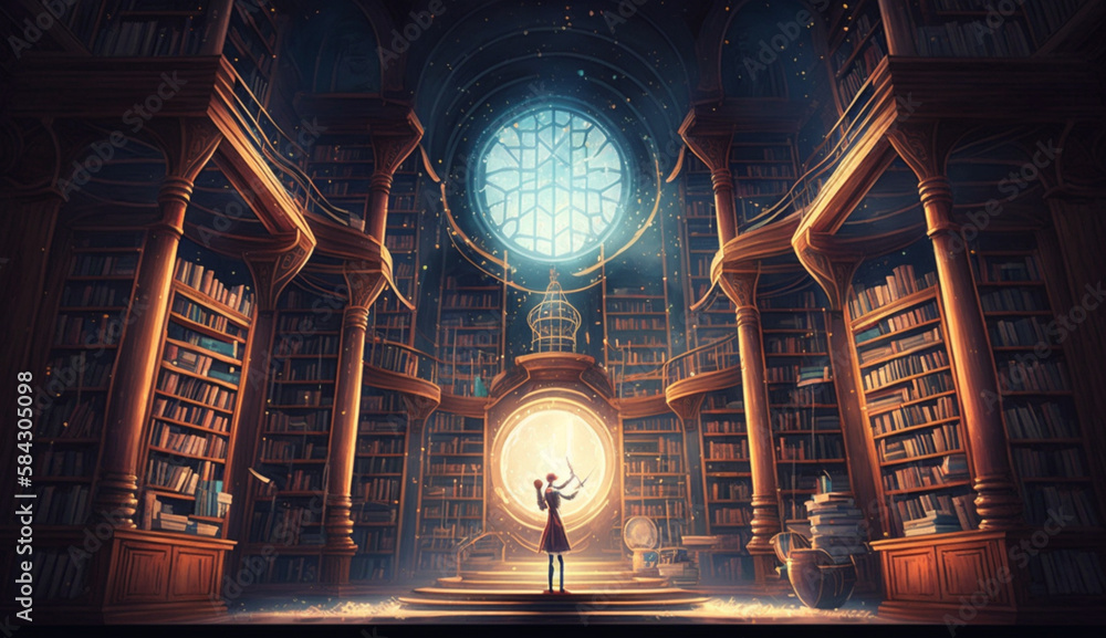 Library with a lots of books, old library, artwork, library artwork ...