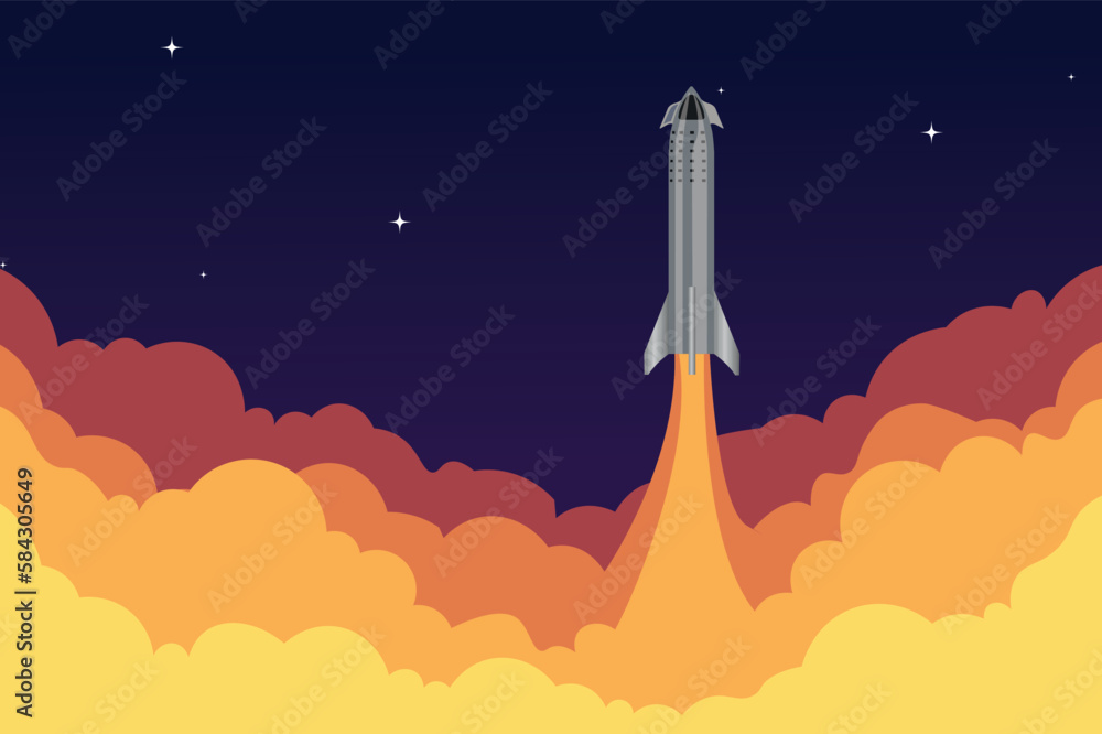 SpaceX starship launch vector illustration, starting space rocket with ...