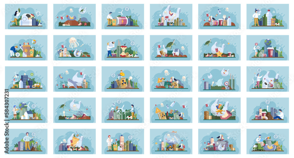 Stop plastic pollution set. Bag bottle recycle sign package disposal ...