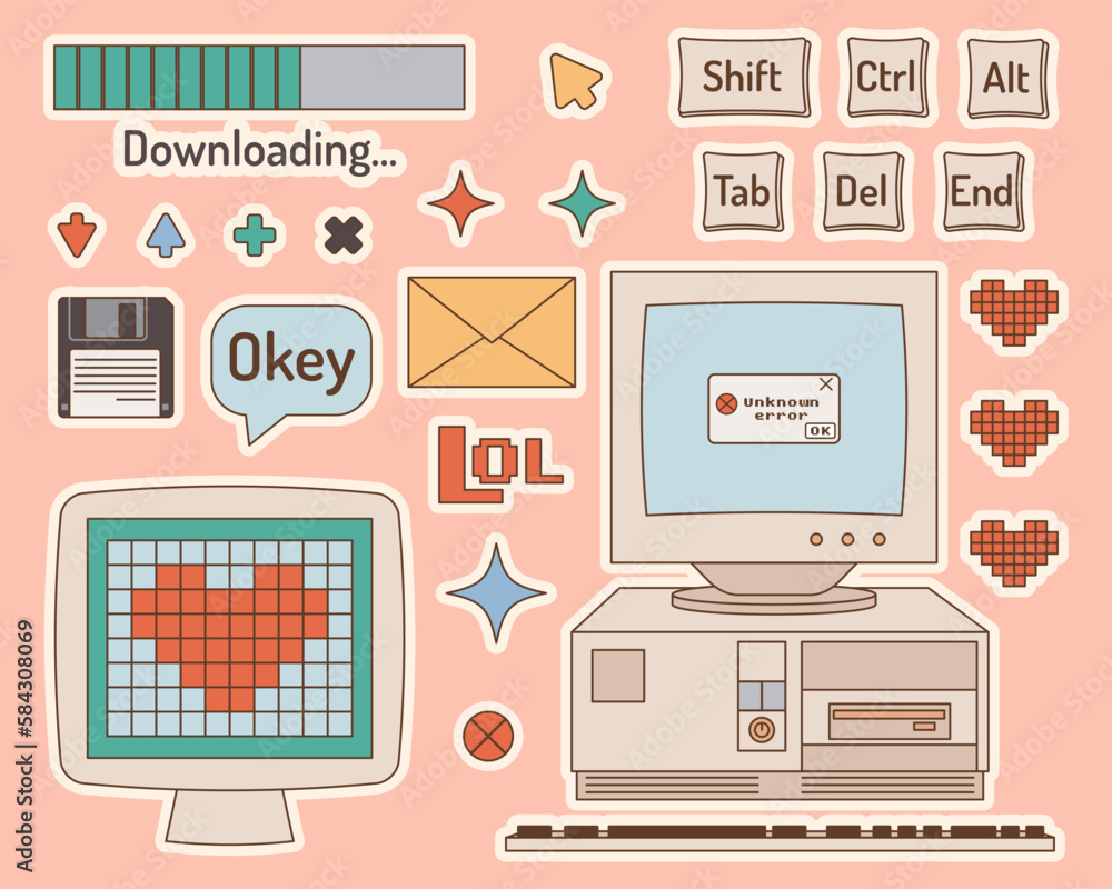 Set of retro electronic devices. PC, keyboard, monitor, floppy disk ...