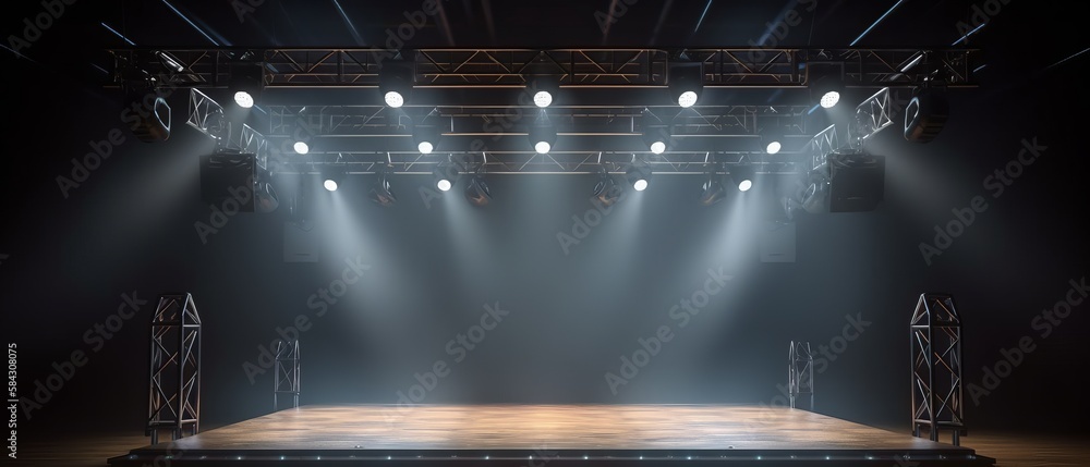 Stage for performances with lighting. The stage is set up with ...