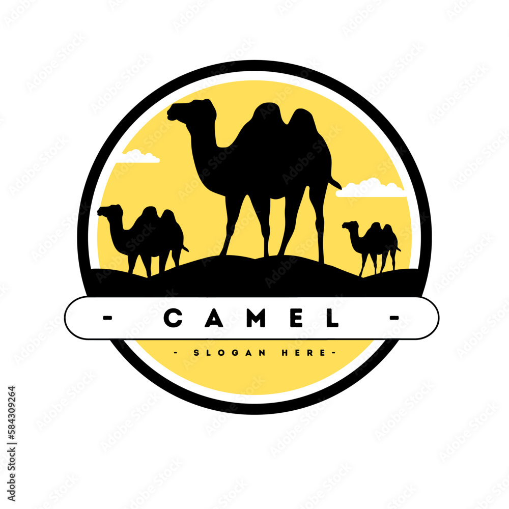 3d logo vector illustration. three camels with black silhouette style ...
