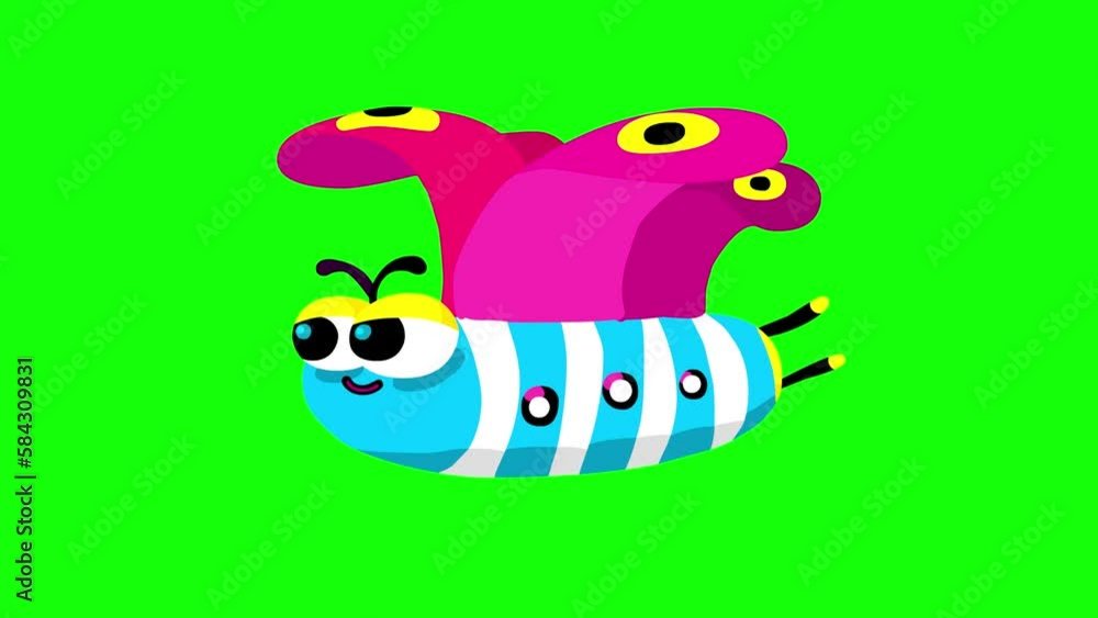 Cartoon blinking butterfly moth CMYK color on greenbox. Cute flying ...