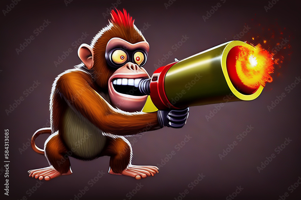Monkey with bazooka a shots. Bazooka in hands of evil monkey. Evil and comical monkey holds a ...