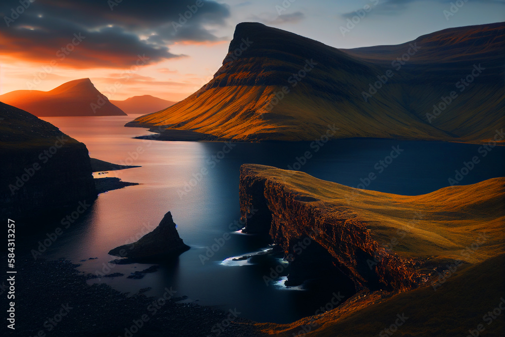 Faroe Islands at dawn. North Atlantic islands of the Kingdom of Denmark ...