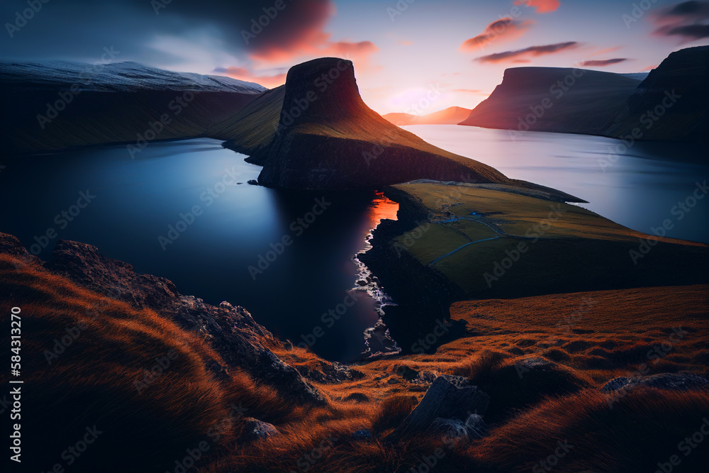 Faroe Islands at dawn. North Atlantic islands of the Kingdom of Denmark ...