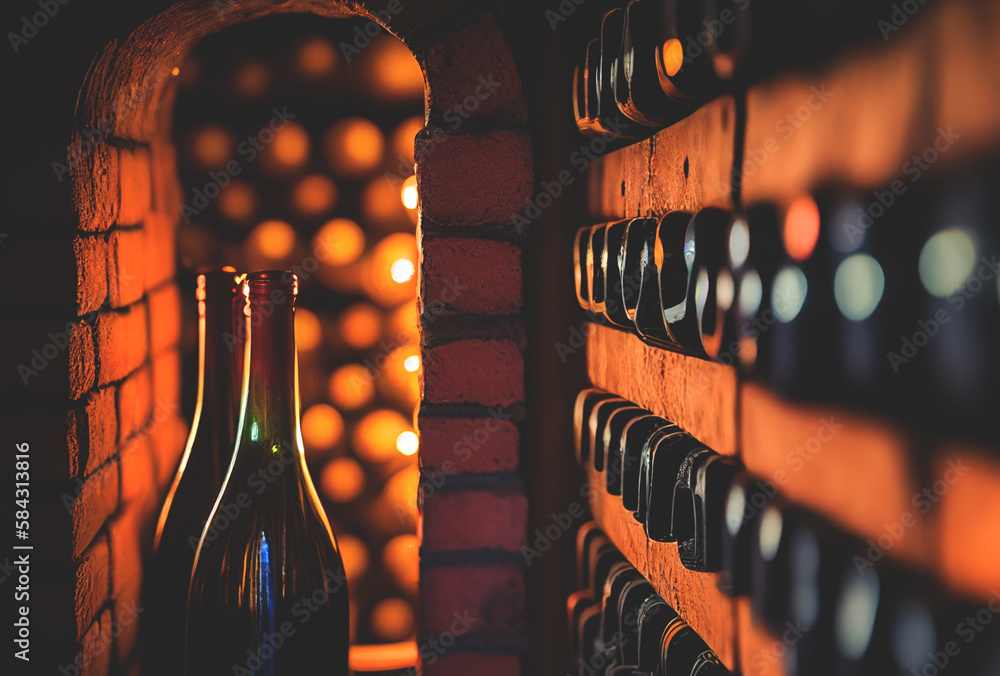 Champagne bottles in wine cellar. Vintage Wine bottles in Wine cellar. Bottle with whiskey in ...