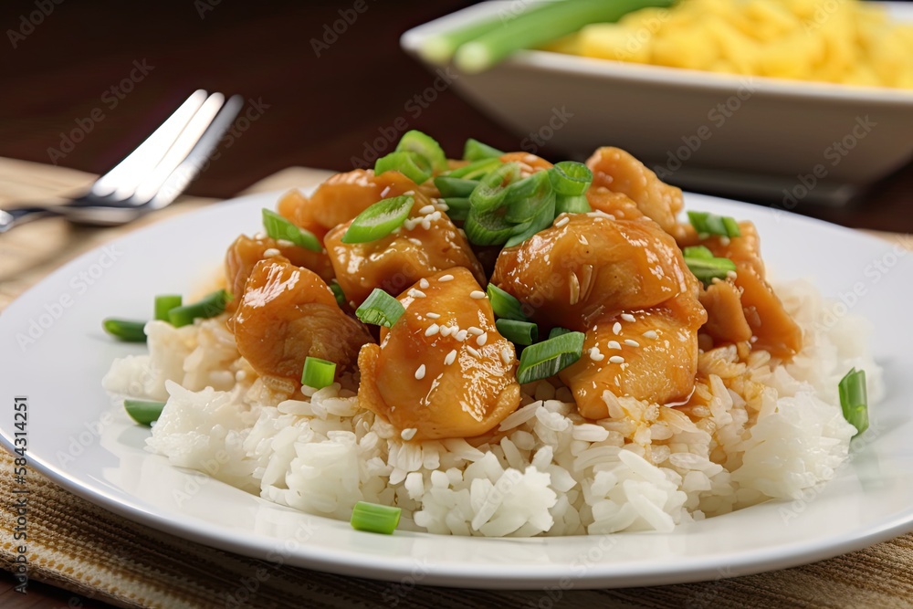 Asian orange chicken with green onions and white rice dinner concept ...
