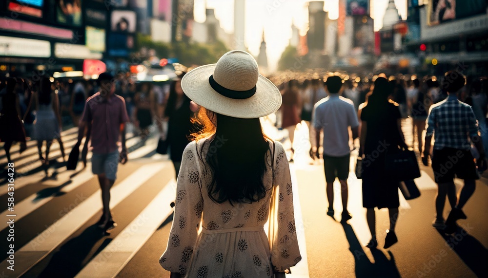 carefree traveller woman casual cloth walking look at the wonderful ...