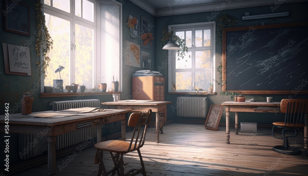 Old school classroom with tables. Generative AI Stock Illustration ...