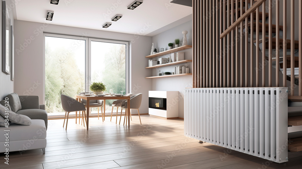 AI generated living room with white radiator on a wall in cold colors ...