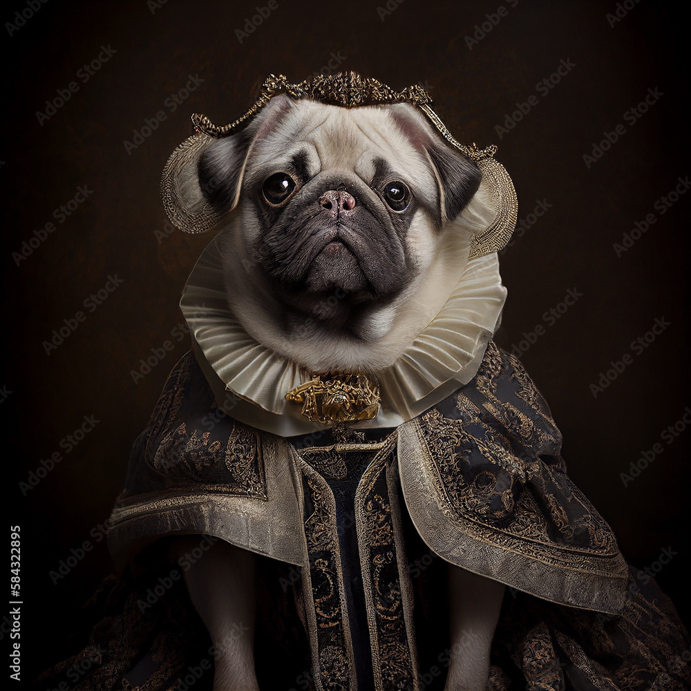 Realistic lifelike glam pug dog doggy puppy in baroque noble regal 18th ...