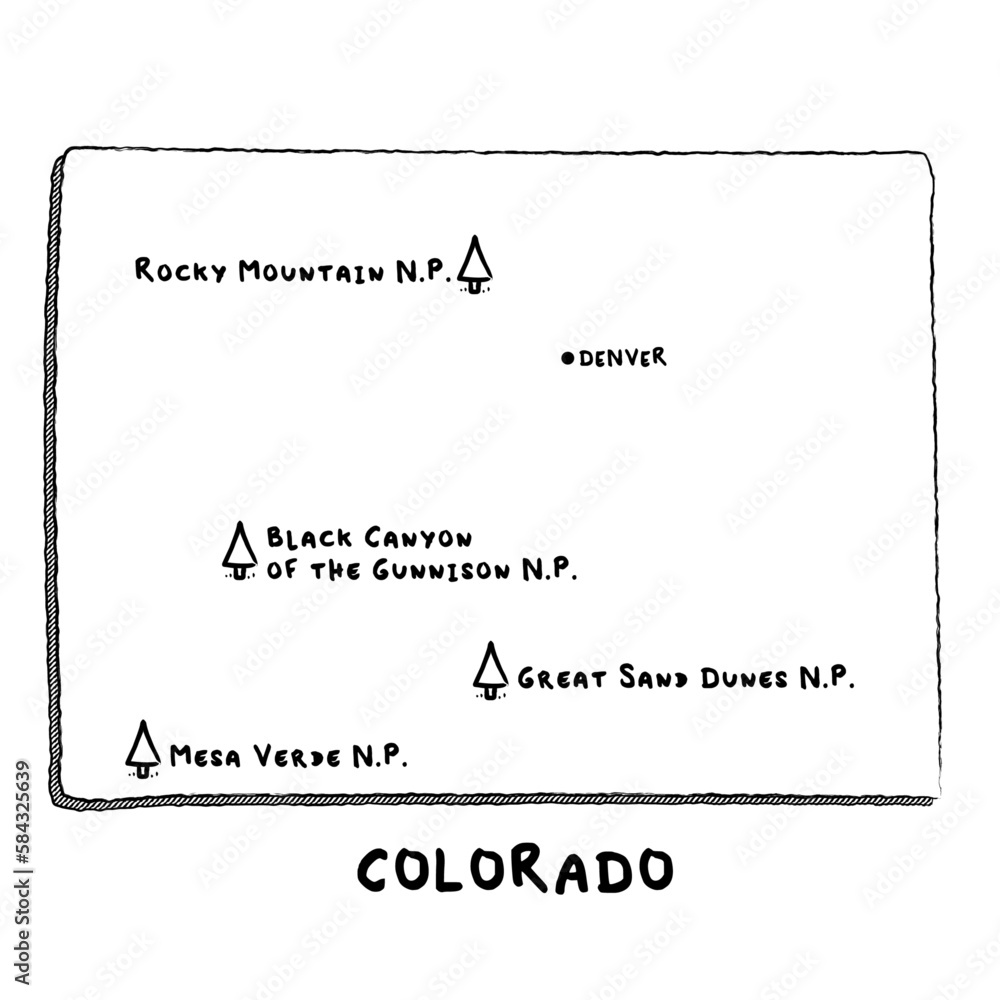 Vector hand drawn map of Colorado CO with main cities and US National ...