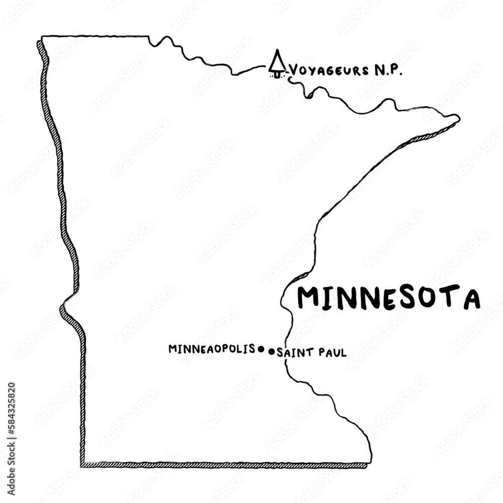 Vector hand drawn map of Minnesota MN with main cities and US National ...