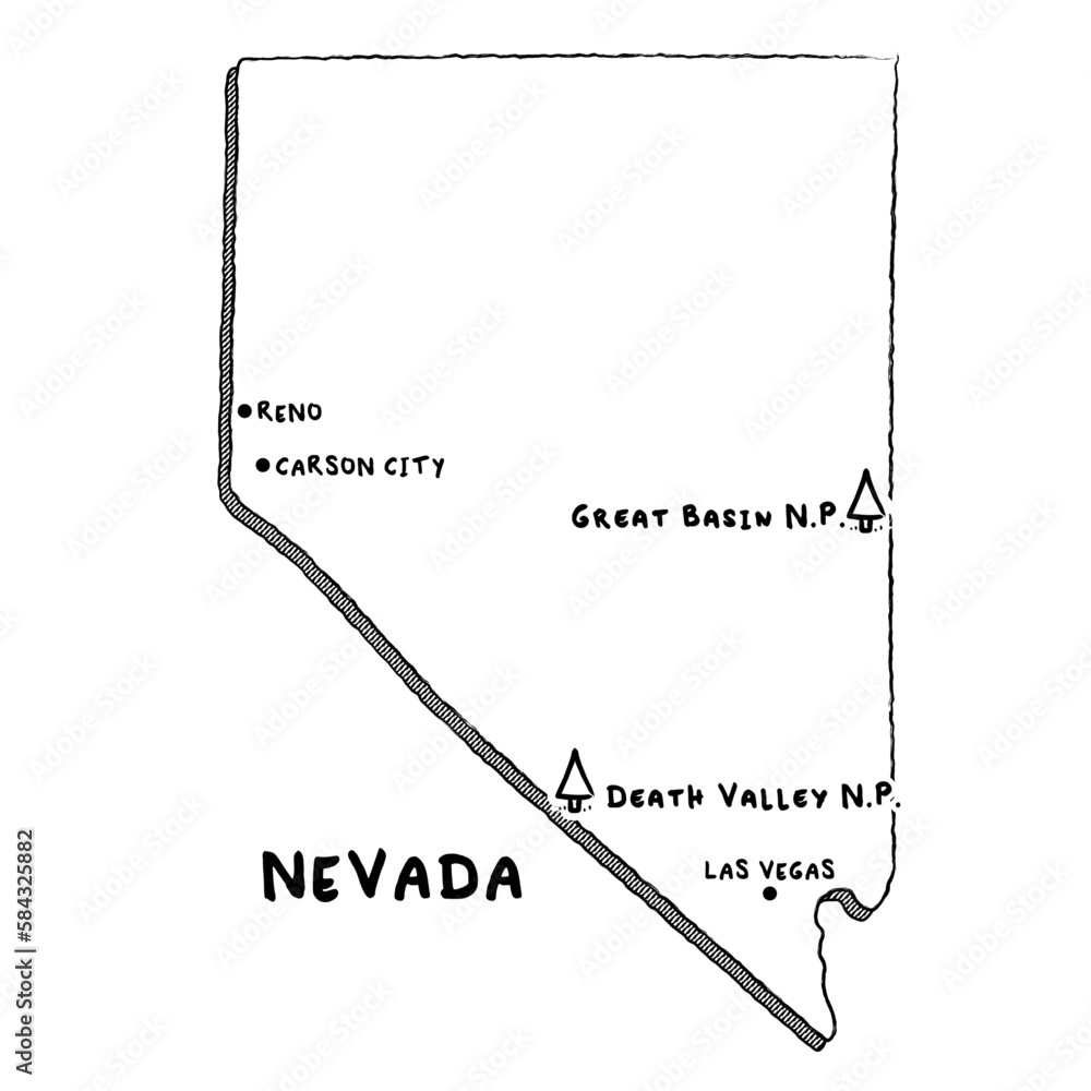 Vector hand drawn map of Nevada NV with main cities and US National ...