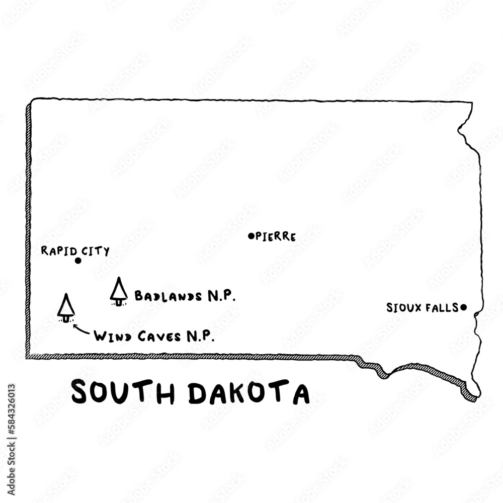 Vector hand drawn map of South Dakota SD with main cities and US ...