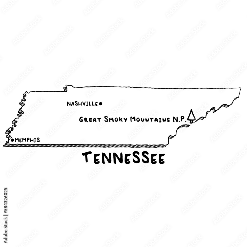 Vector hand drawn map of Tennessee TN with main cities and US National ...