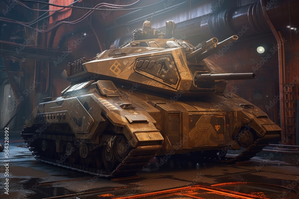 tank armour wid closeup top man standing next goliath golden taurus ...