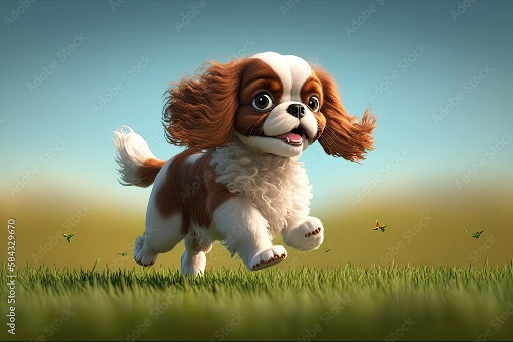 Cute Cartoon King Charles Springer Spaniel Running through a Meadow ...