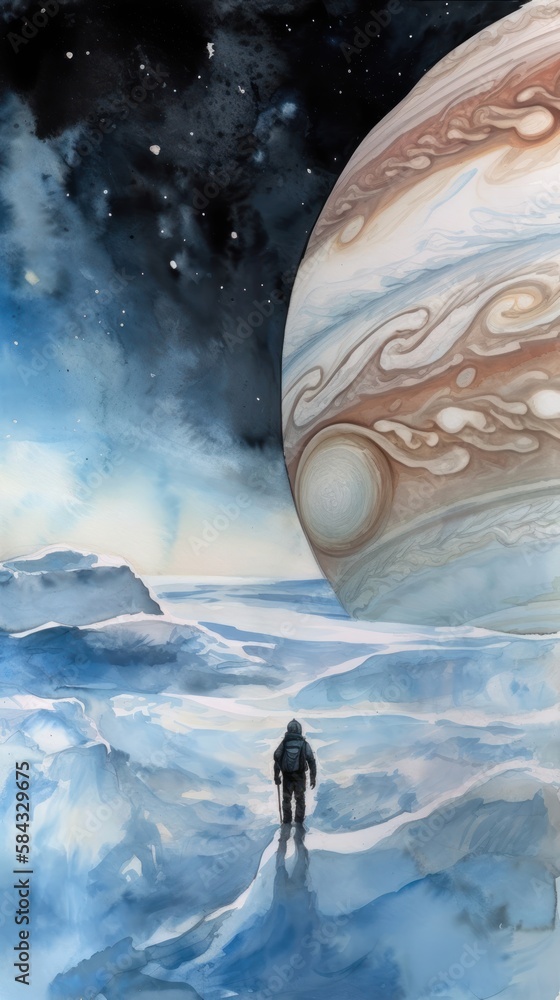 human frozen terrain jupiter man standing mountain top giant red planet ...