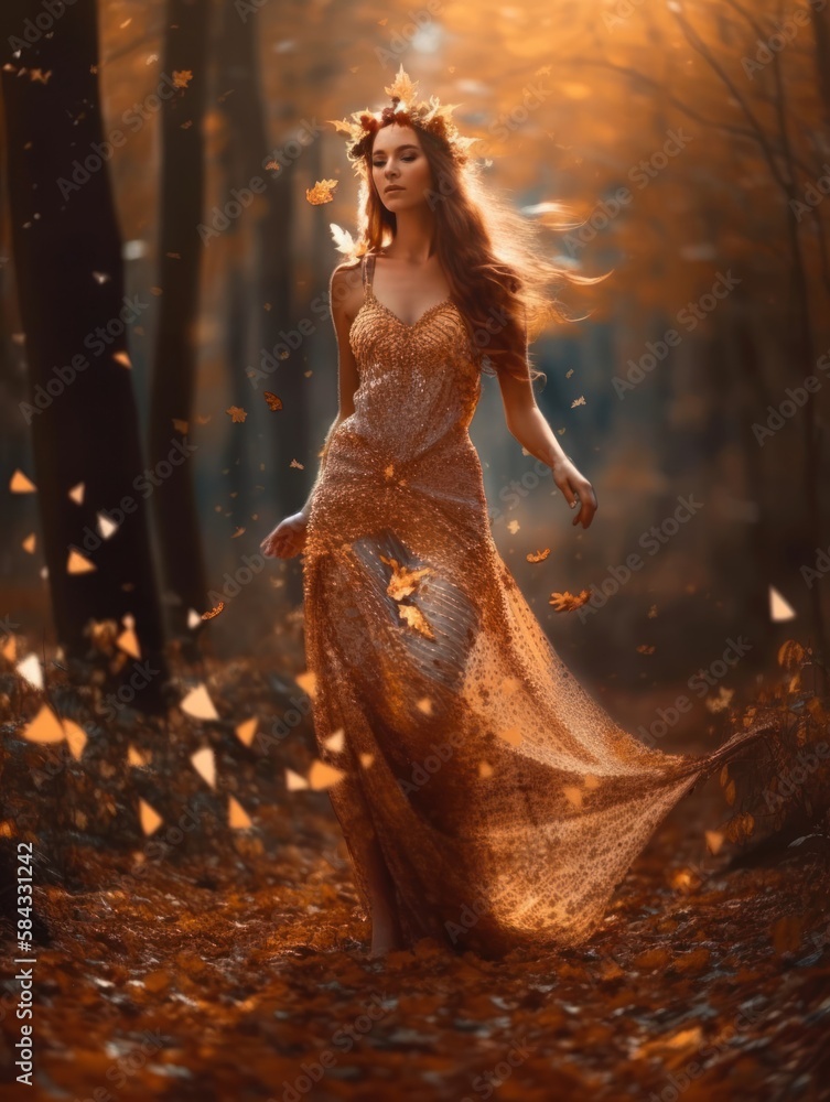 dancing fairy face long hair pret woman golden dress walking forest ...