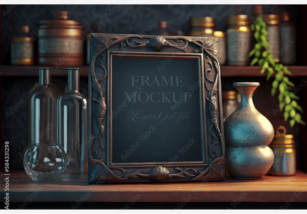 Classic Wooden Shelf with Picture Bronze Frame Mockup and Bottles ...