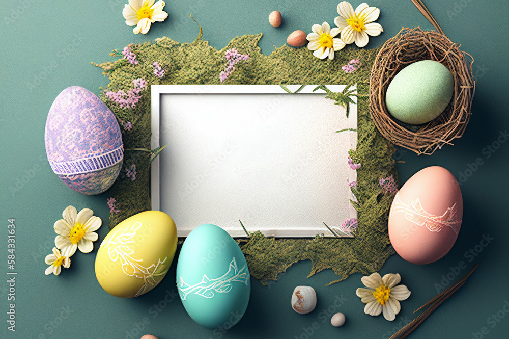 Easter mock-up with eggs with copy space. Mockup frame with spring and ...