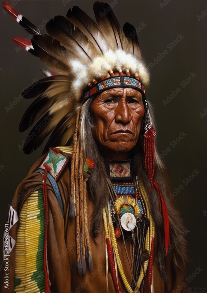 stunning oil closeup man native american indian headdress real standing ...