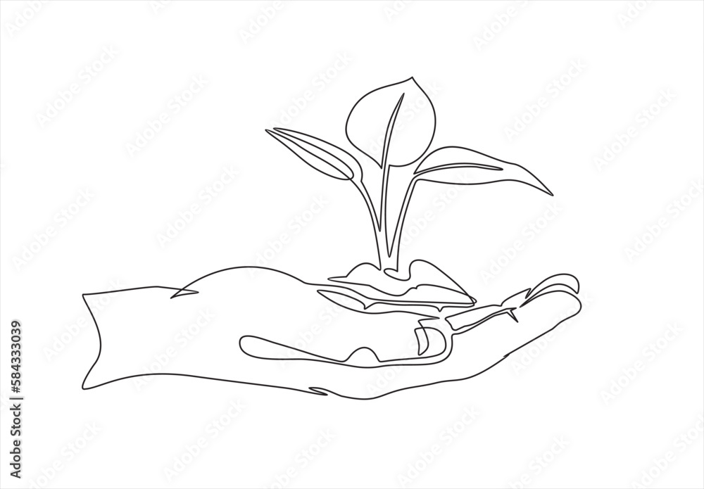 One line drawing of sprout in hand. Continuous line growing plant in ...