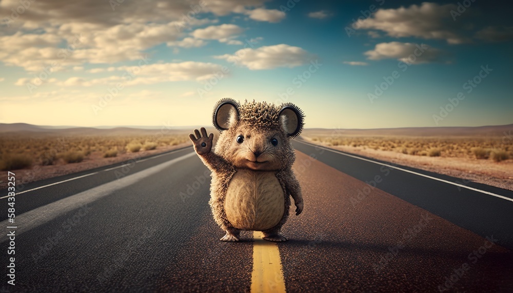 a cute little furry animal is standing on the road and hitchhiking ...