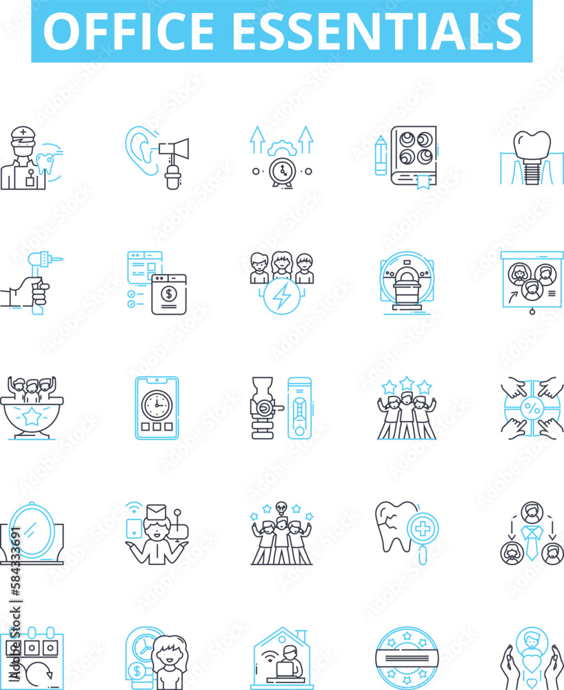 Office essentials vector line icons set. Desk, Chair, Pens, Printer ...