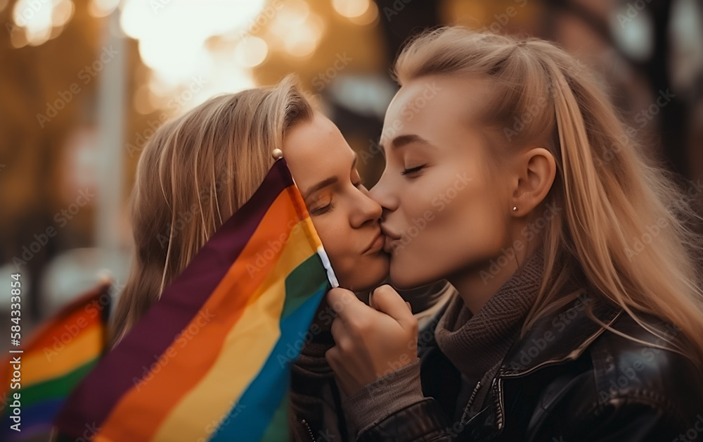 Beautiful young Lesbian couple sharing a kiss, holding a LGBT rainbow flag. Concept of LGBT love ...