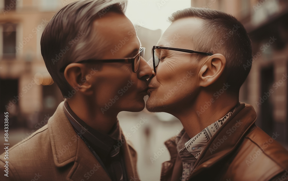 Mature Gay couple kissing in public. Sharing a moment of love. Concept of gay love and LGBT ...